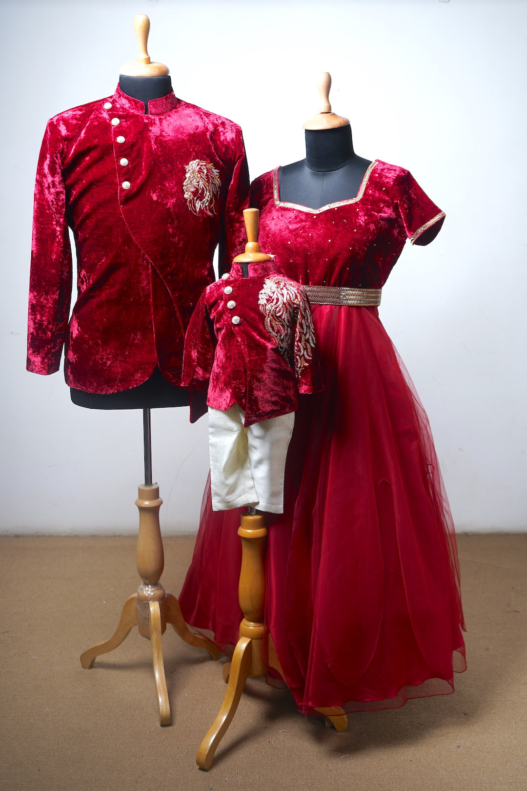Maroon Velvet Family Outfit with Lion Embroidery – Wedding Sherwani ...