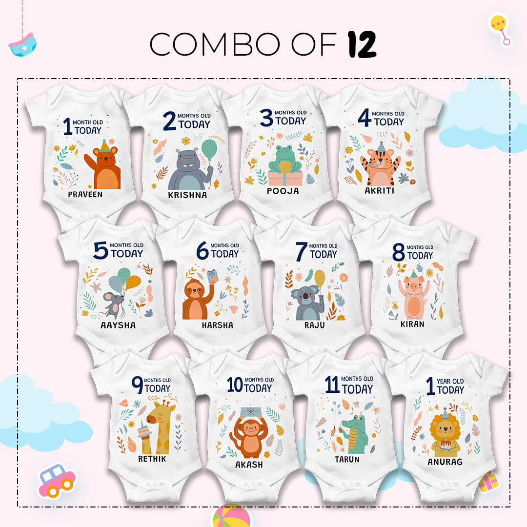 12-month personalized baby onesie combo pack | Customised Baby Rompers ...