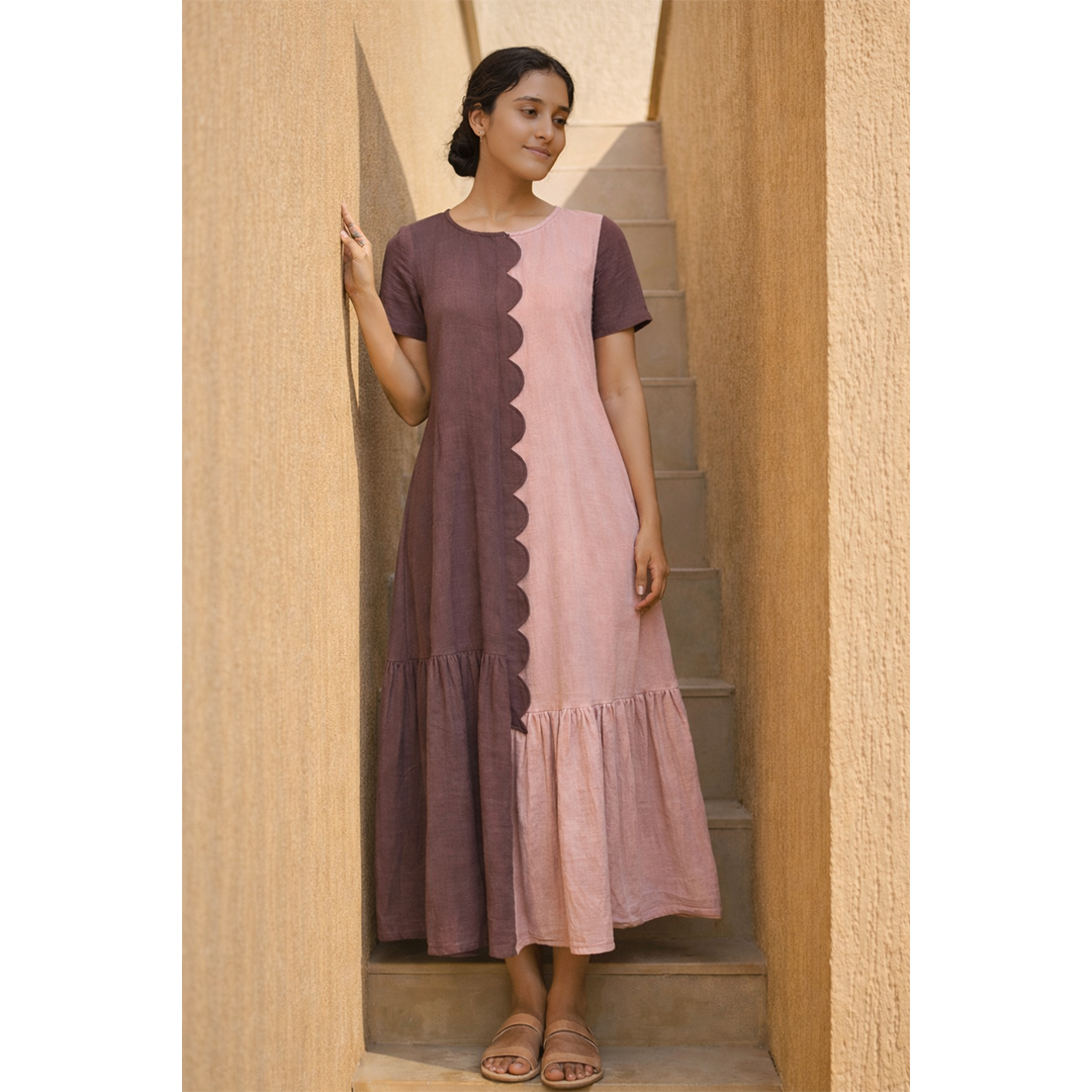 Rosewood & Blush Scallop Panel Maxi Dress – Anveshana Clothing