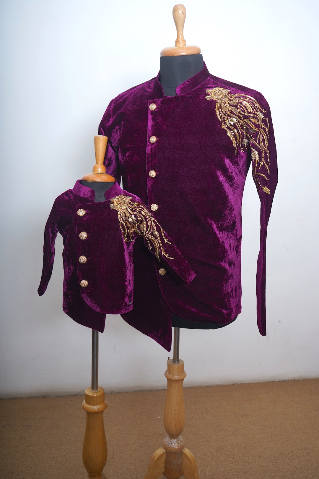 Plum Velvet Short Kurta With Shoulder Emphasis Dad Son Combo ...