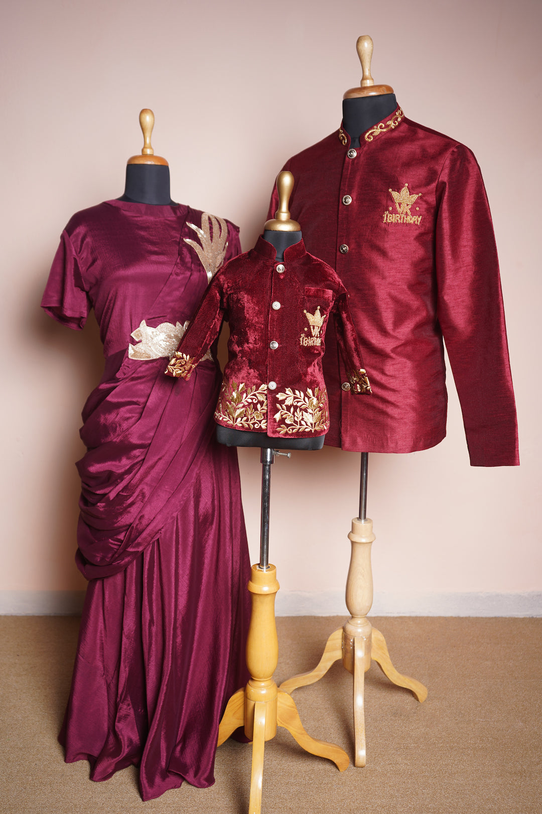 Maroon Royal Birthday Family Outfit Set – Embroidered Saree Gown ...
