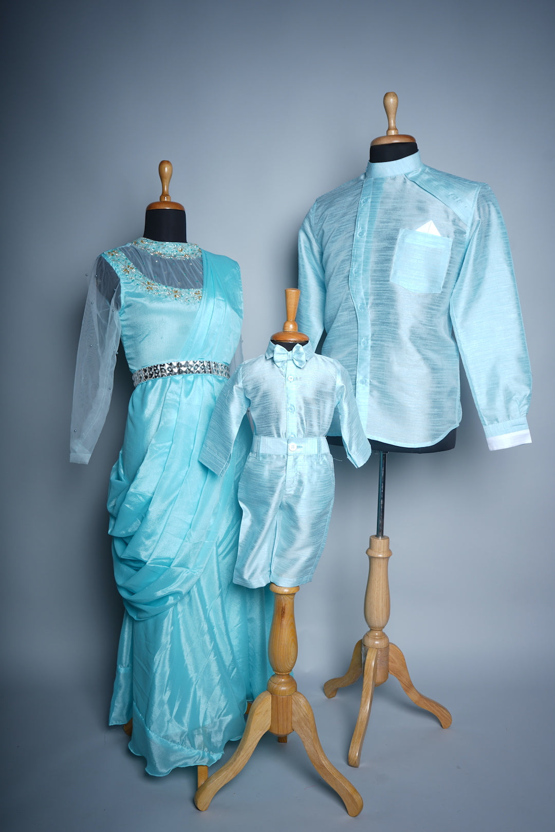 Icy Blue Family Coordinated Outfit – Embroidered Saree Gown, Mandarin ...
