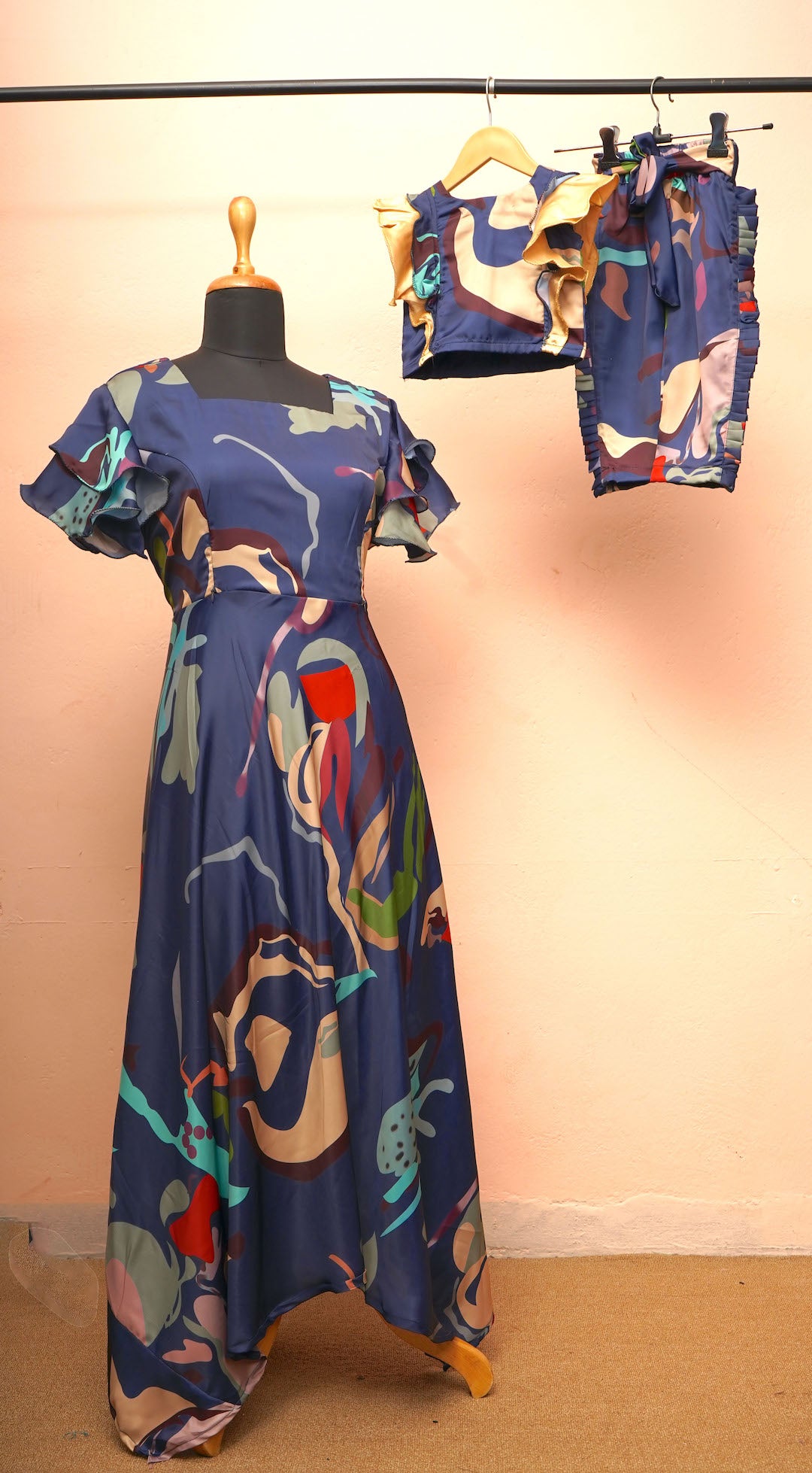 Navy Blue Printed Satin Western Combo – Anveshana Clothing