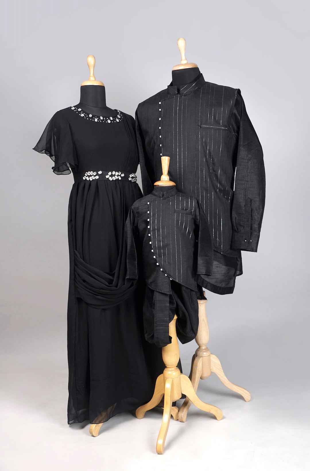 Black Coordinated Family Outfit Set – Mirror Work Gown & Asymmetric ...