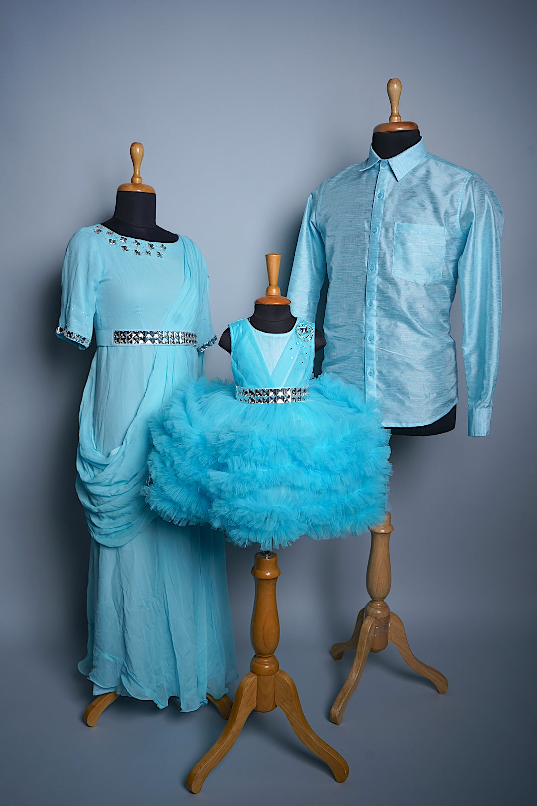 Elegant Icy Blue Mirror Work Family Matching Outfit Set – Birthday ...