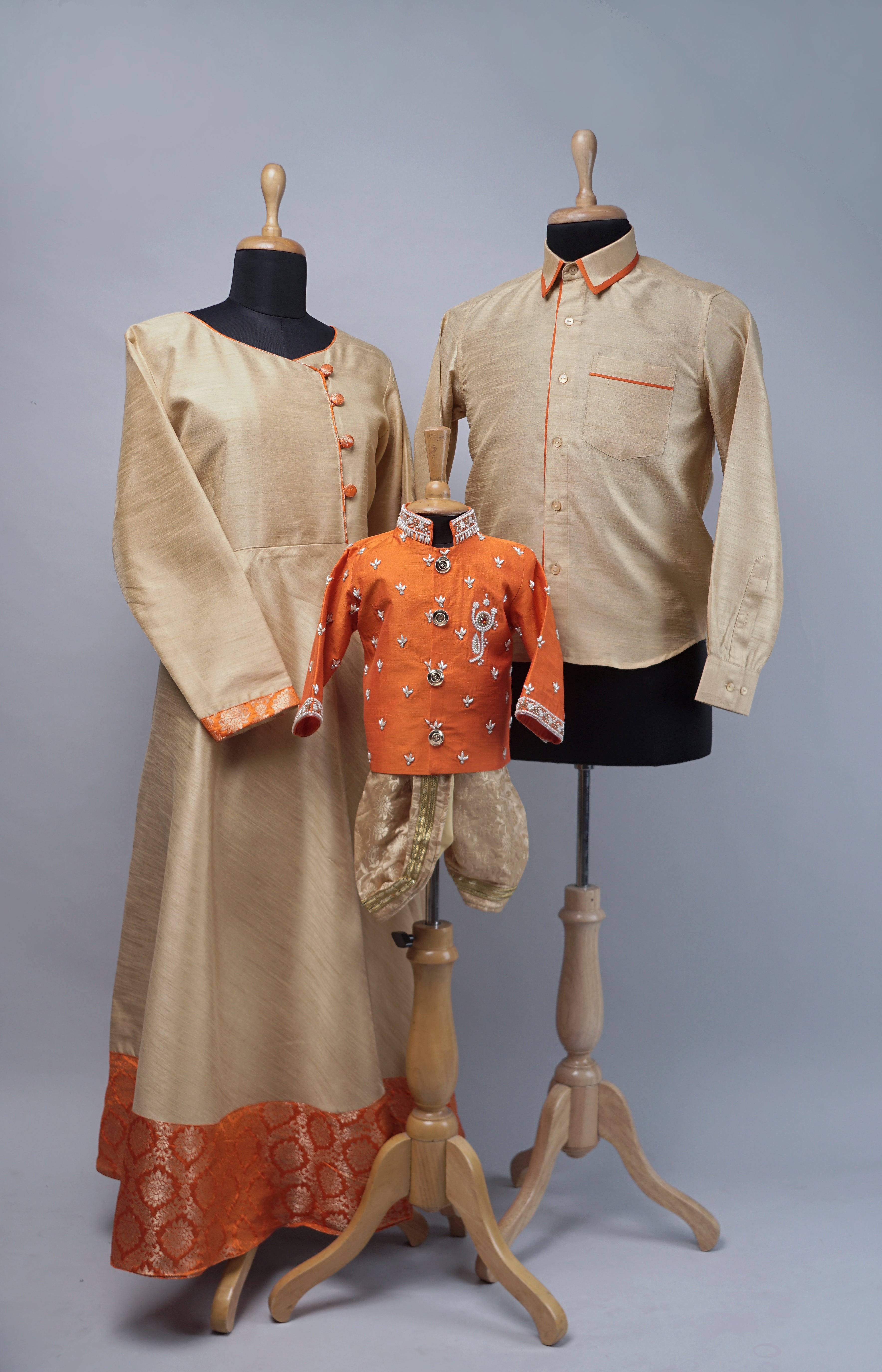 Golden Beige & Orange Traditional Family Outfit – Gown, Shirt & Baby ...
