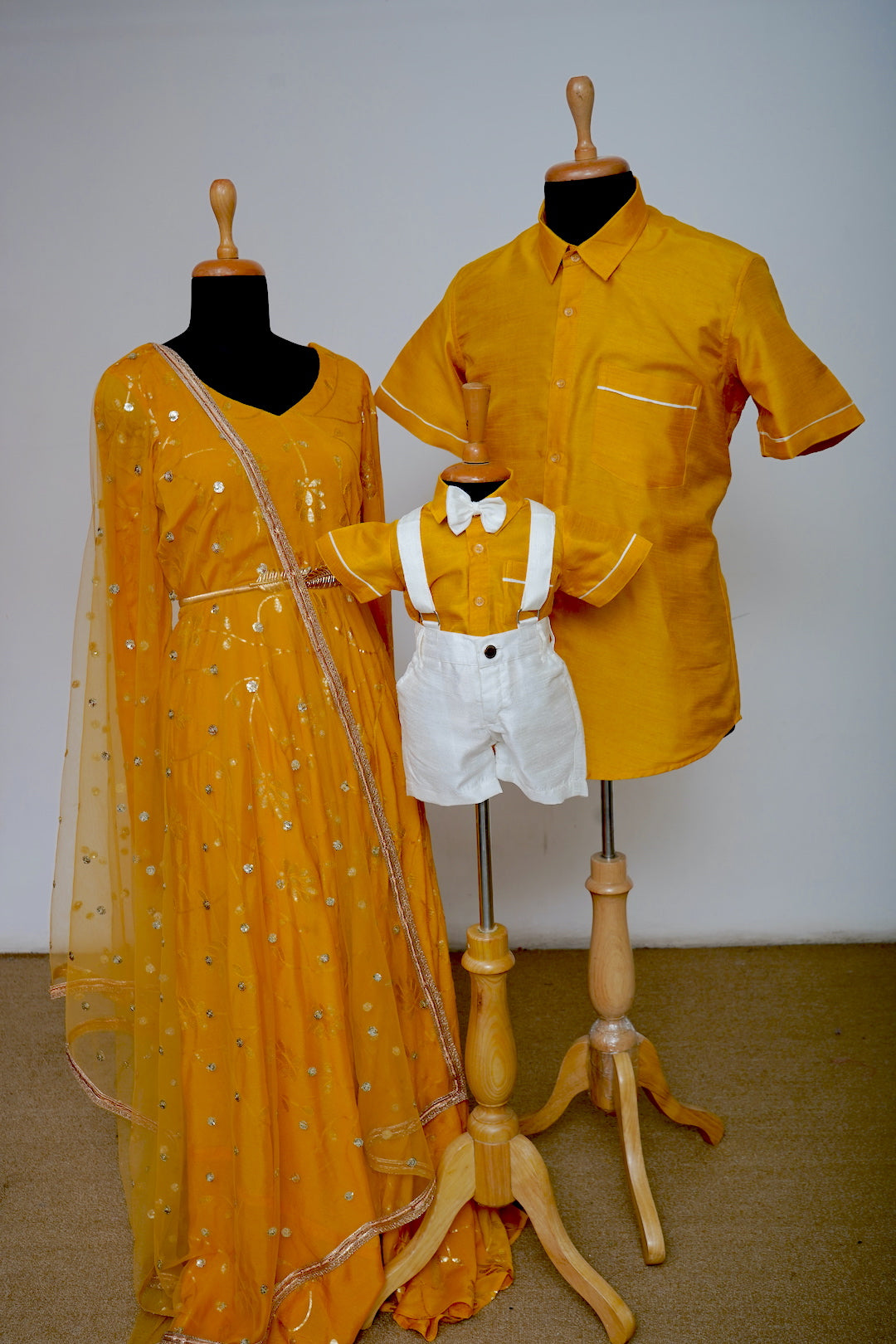 Mustard Yellow Family Outfit Set – Gown, Bow Tie Shorts & Embroidered ...
