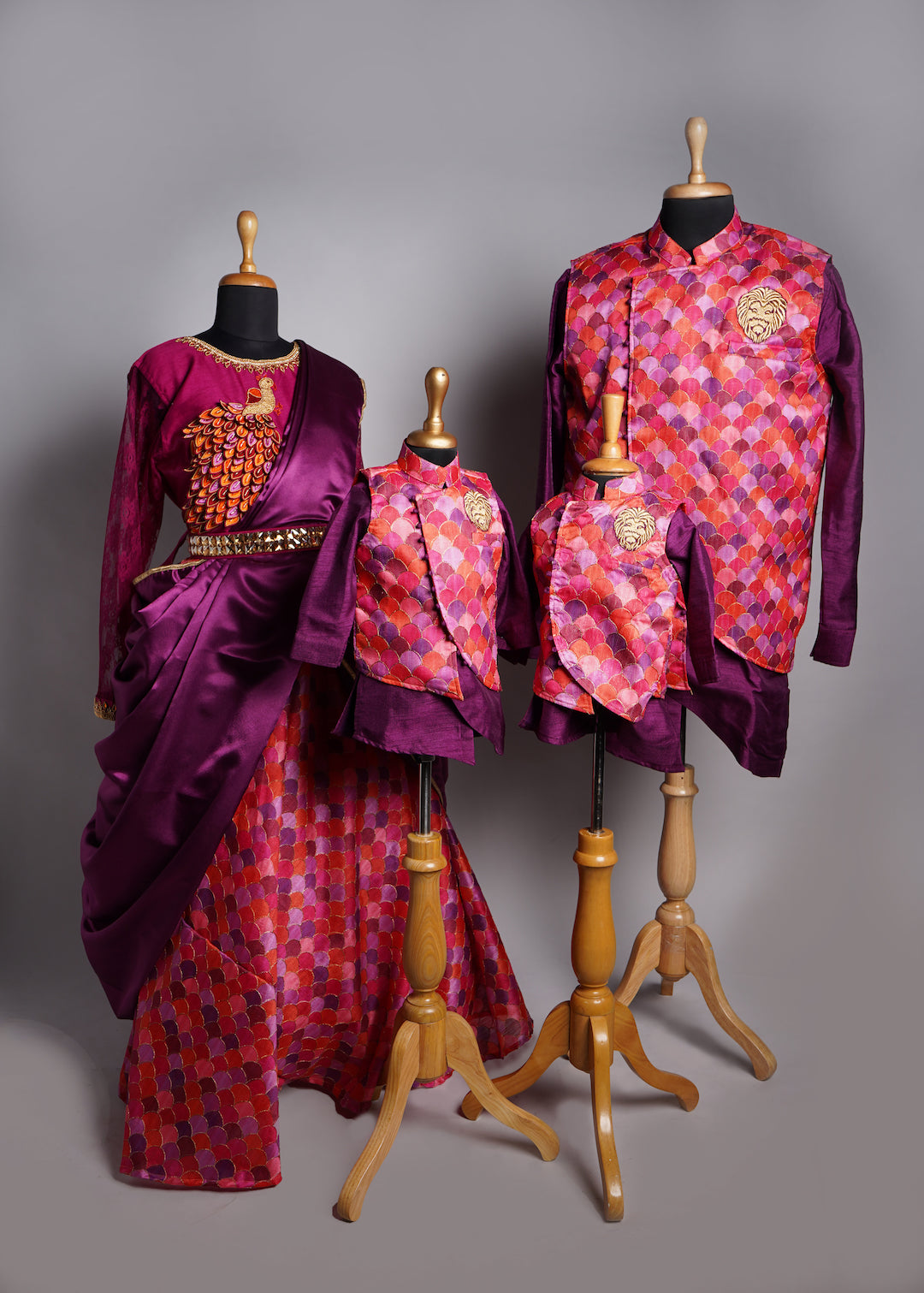 Majestic Maroon Family Outfit – Royal Peacock & Lion Crest Matching Set ...