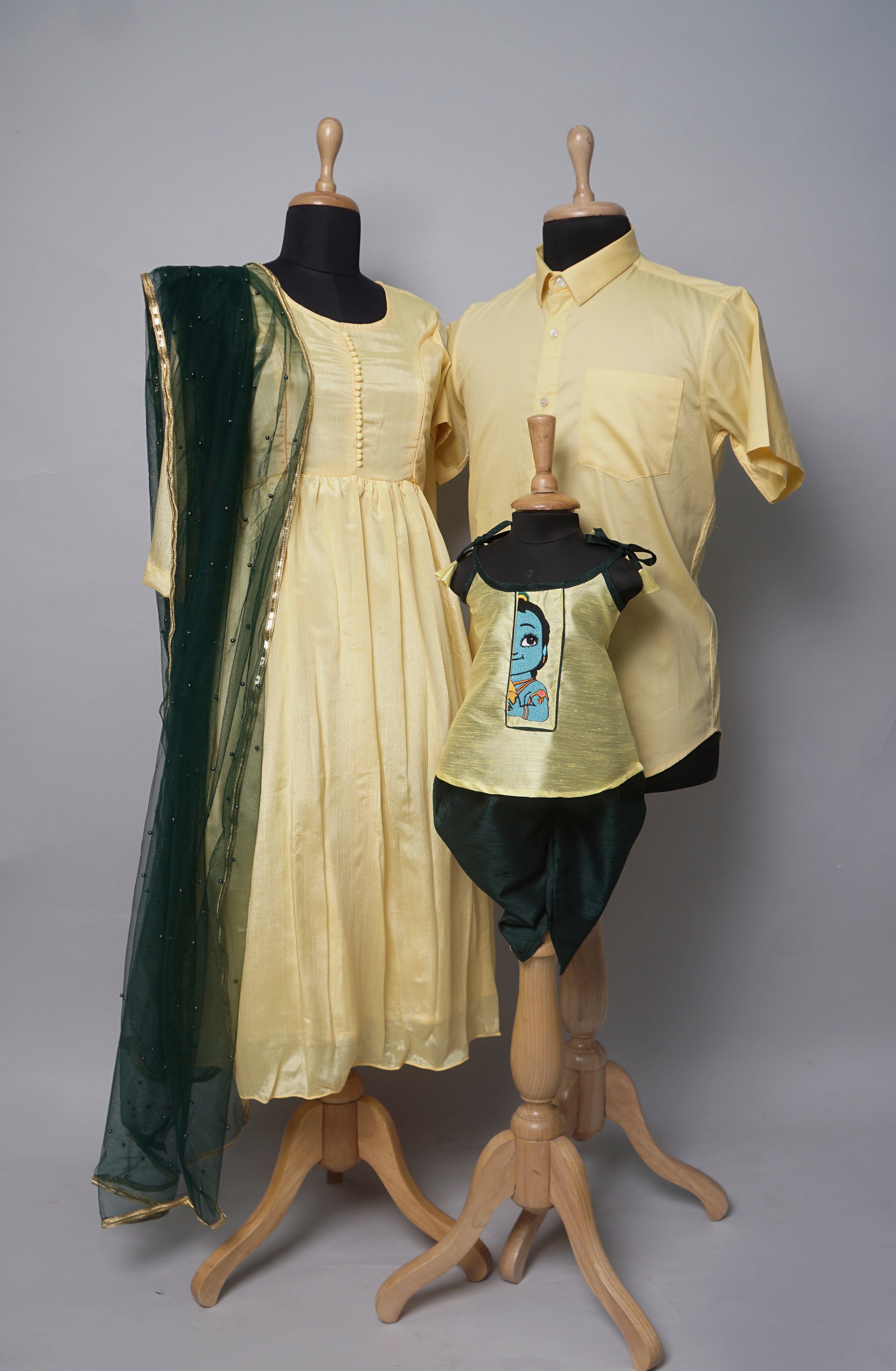 Krishna Family Matching Outfit – Yellow & Green Ethnic Set with Baby ...